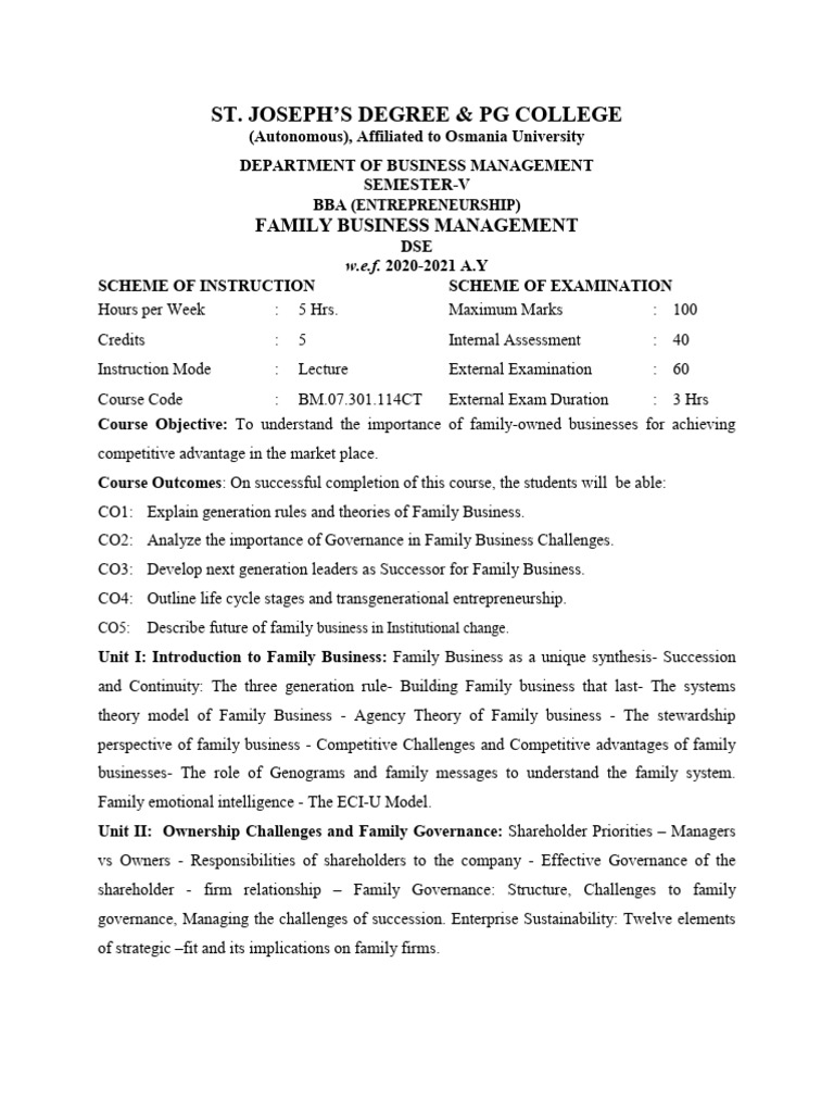 Family Business Management Syllabus | PDF | Entrepreneurship | Governance