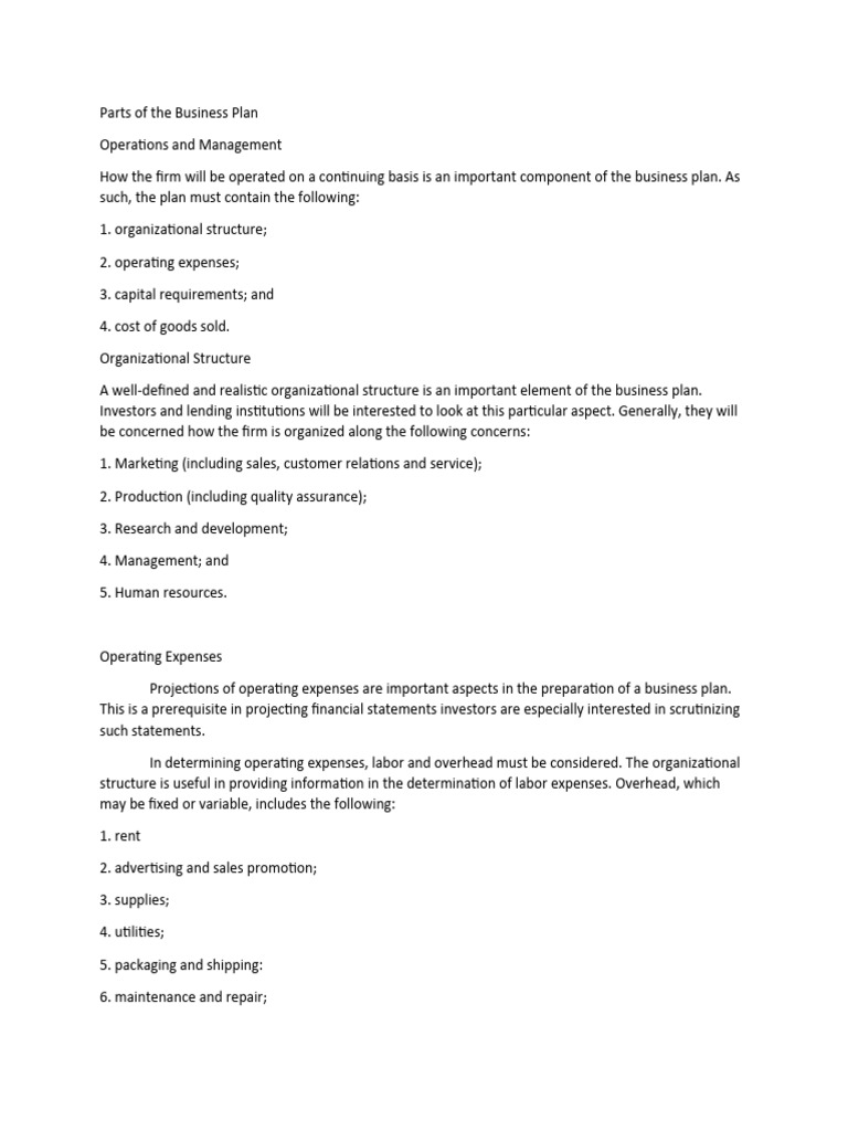 Parts of The Business Plan Entrep | PDF | Expense | Cost Of Goods Sold