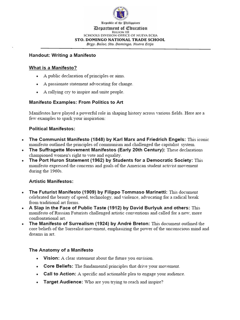 Handout and Performance Tasks in Writing A Manifesto - Shorter Version ...