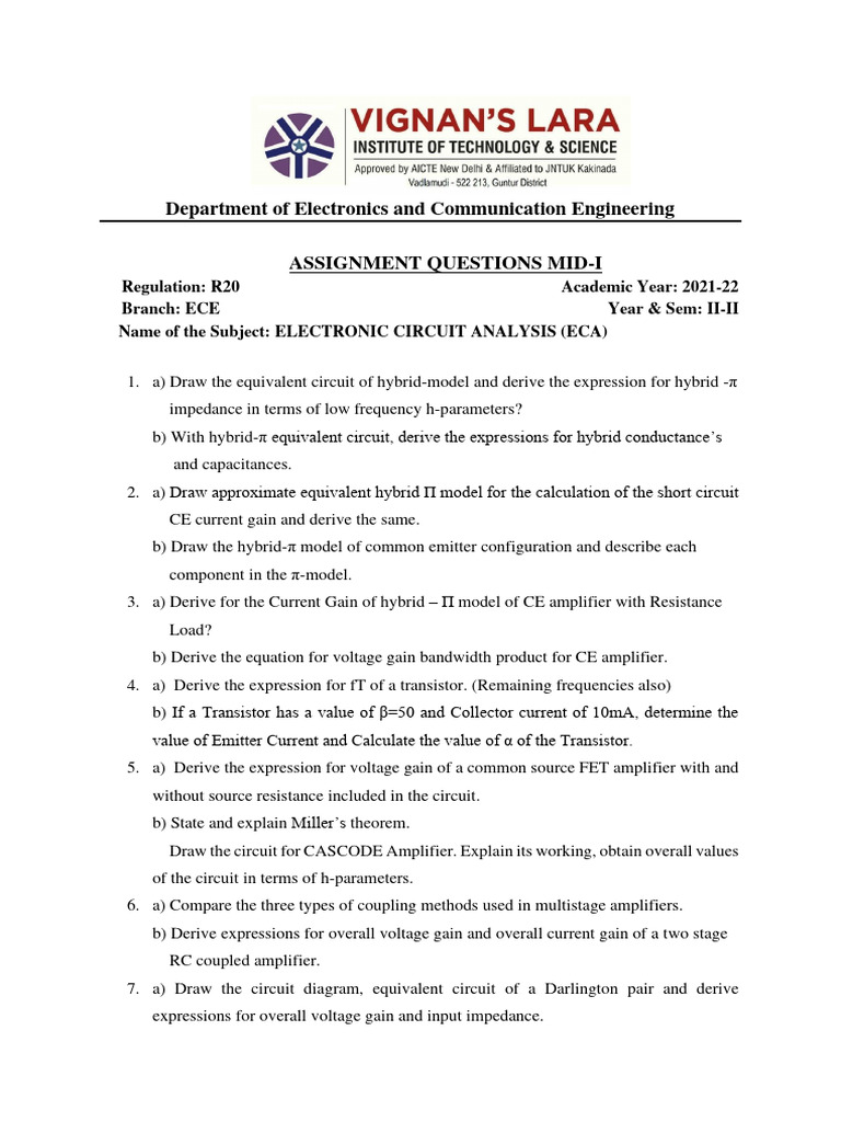ECA Assignment Questions for ECE Students | PDF | Amplifier ...