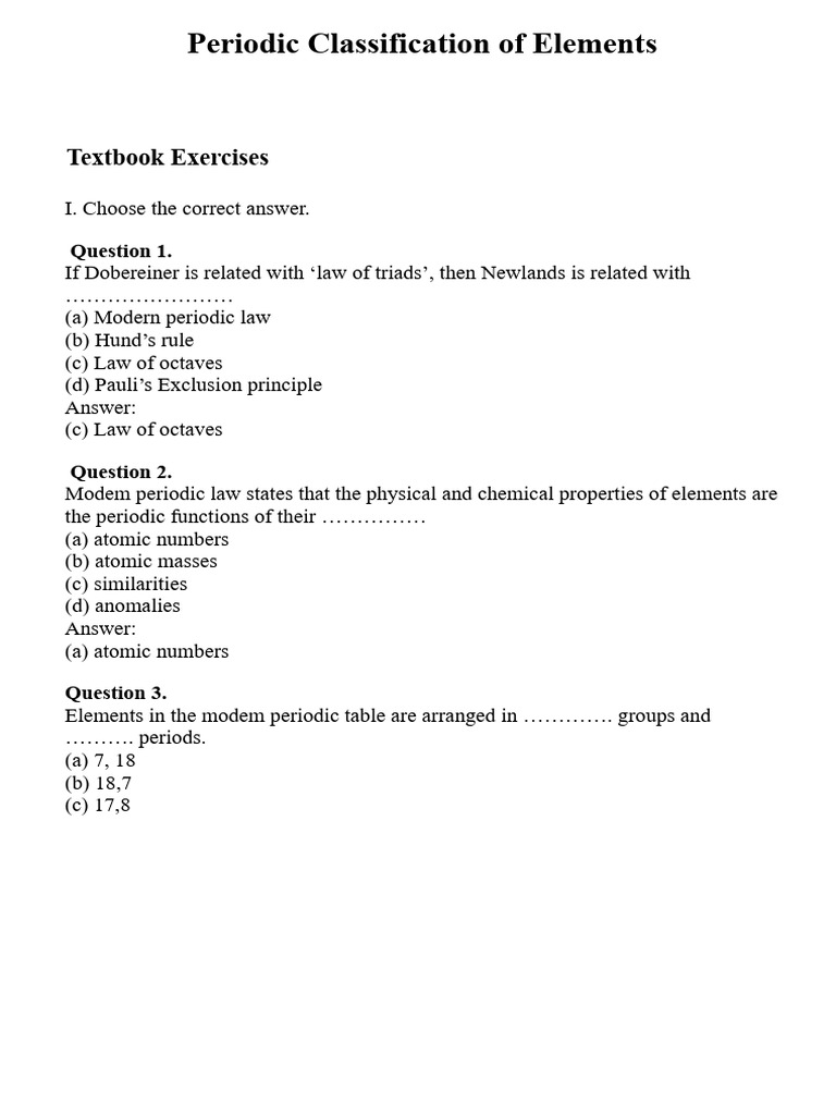Periodic Classification of Elements: Textbook Exercises | PDF ...