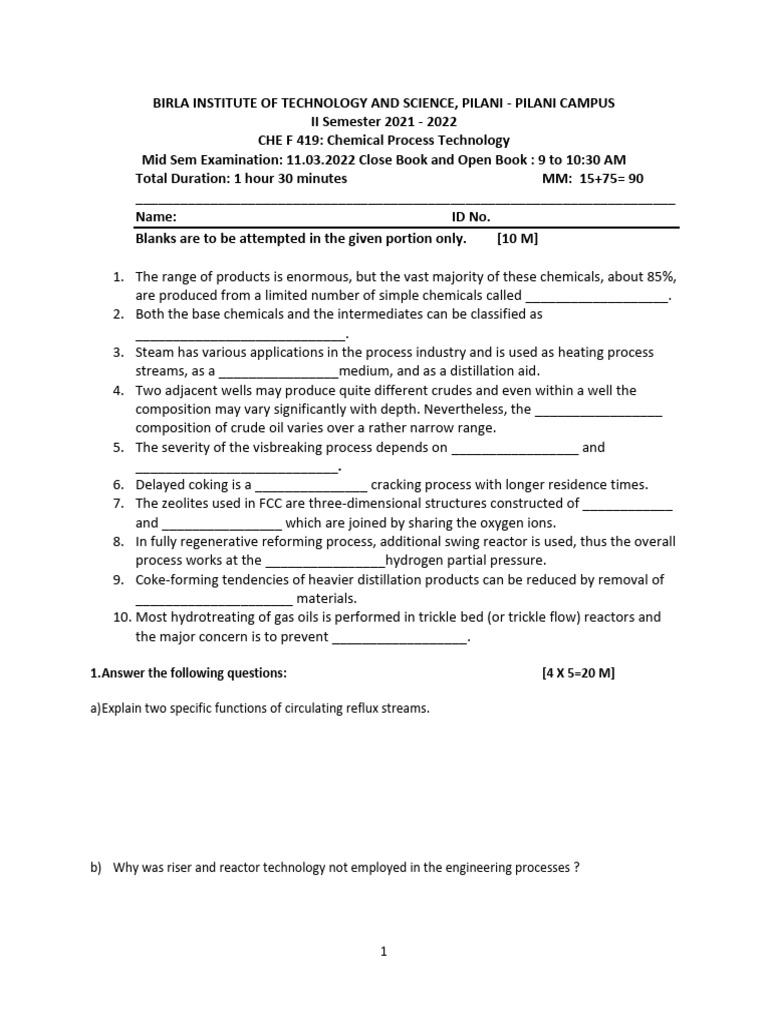 CPT - Mid Sem - QP - 2nd Sem - 2022 - Final | PDF | Cracking (Chemistry) | Chemistry