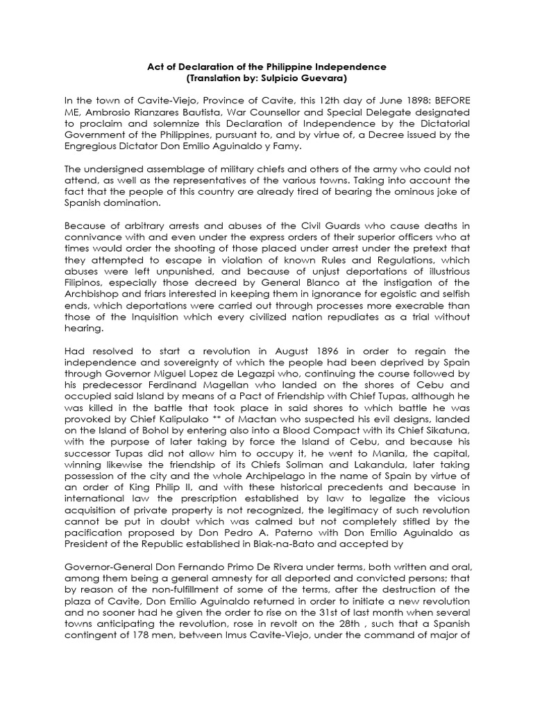 Philippine Independence Declaration 1898 | PDF | Spanish East Indies ...
