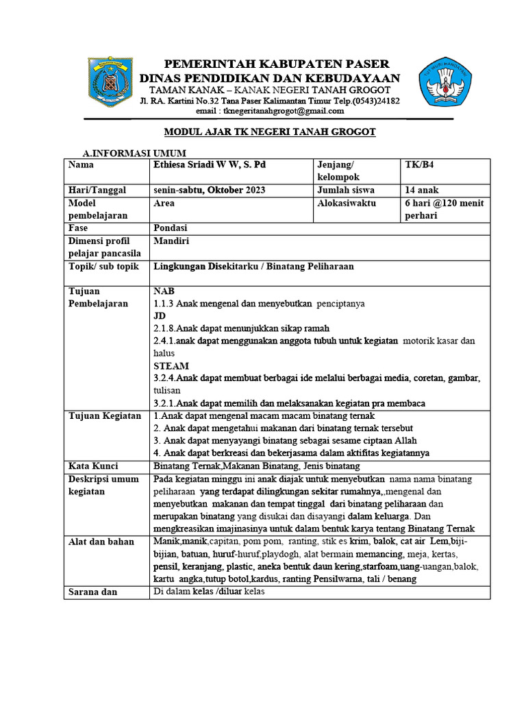 Modul Pembelajaran Binatang Ternak TK | PDF