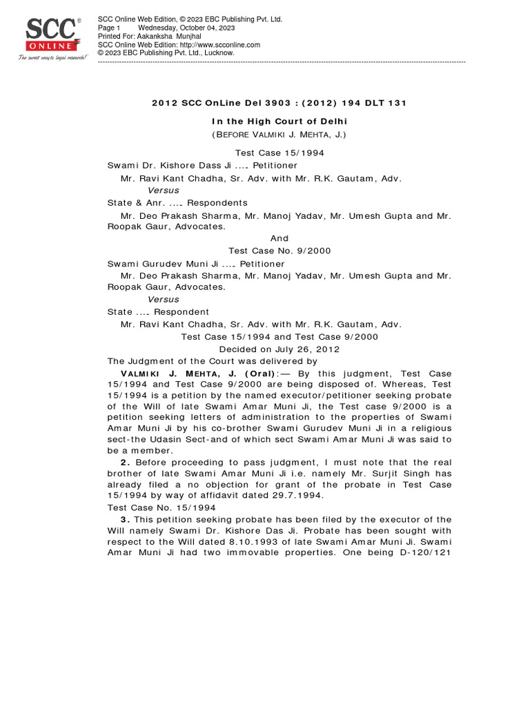 Swami Dr. Kishore Dass Ji v. State & Anr. (2012) 194 DLT 131 | PDF | Probate | Affidavit