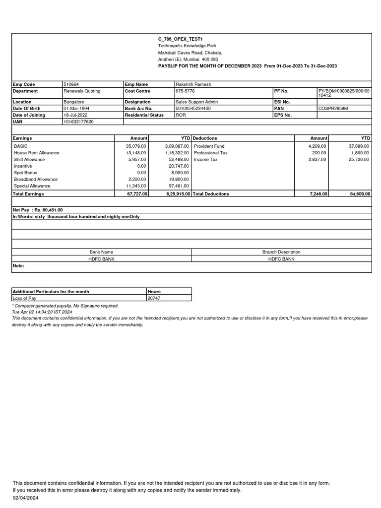 Pay Slip - 510664 - Dec-23 | PDF | Taxation | Payments