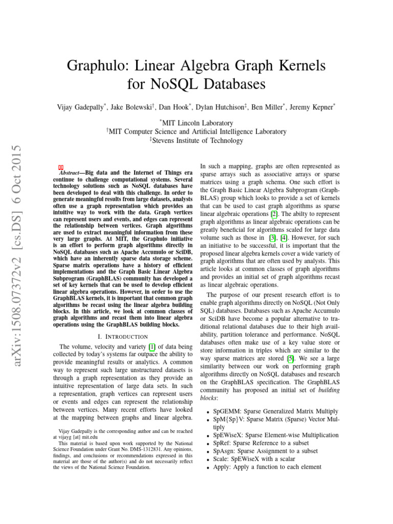 Graphulo: Linear Algebra Graph Kernels For Nosql Databases | PDF | Matrix (Mathematics) | Vertex ...