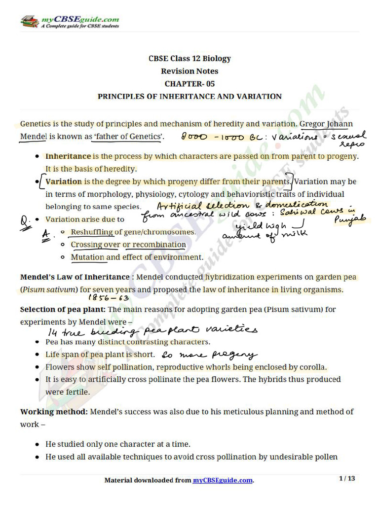 12 Biology Notes ch05 Principals of Inheritance and Variation | PDF