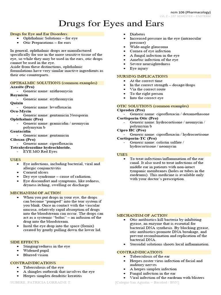 NCM 106 ENDTERM - Eyes and Ears Drugs | PDF | Medical Specialties ...