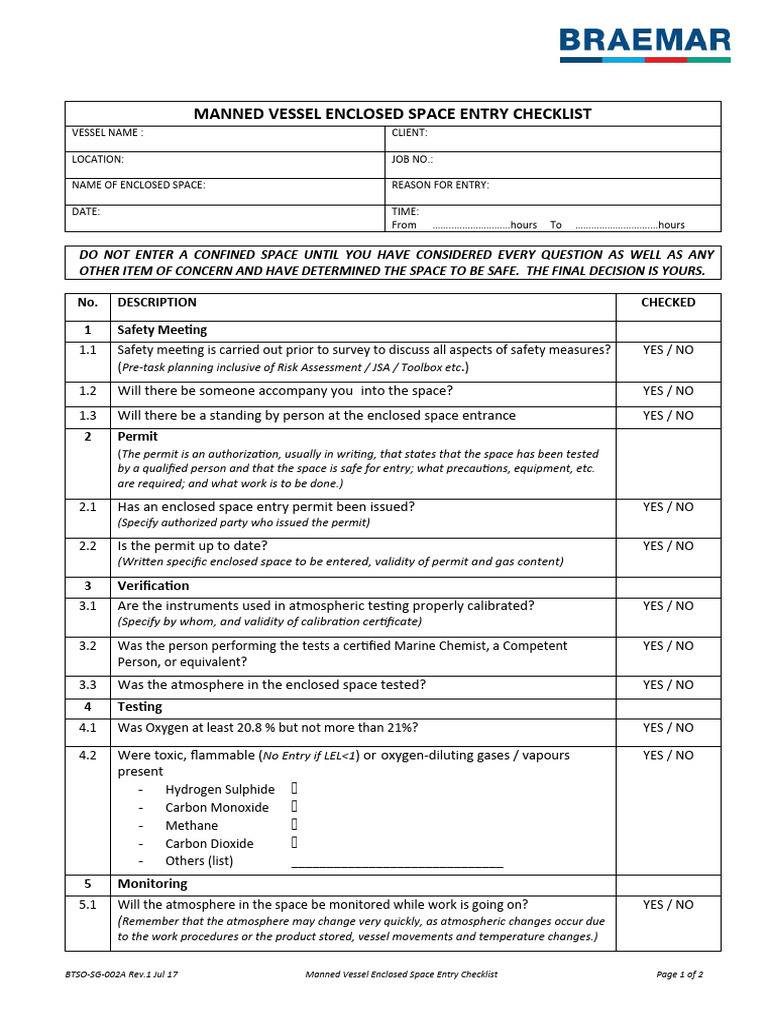 BTSO-SG-002A - Manned Vessel Confined Space Entry Checklist | PDF | Safety | Occupational Safety ...