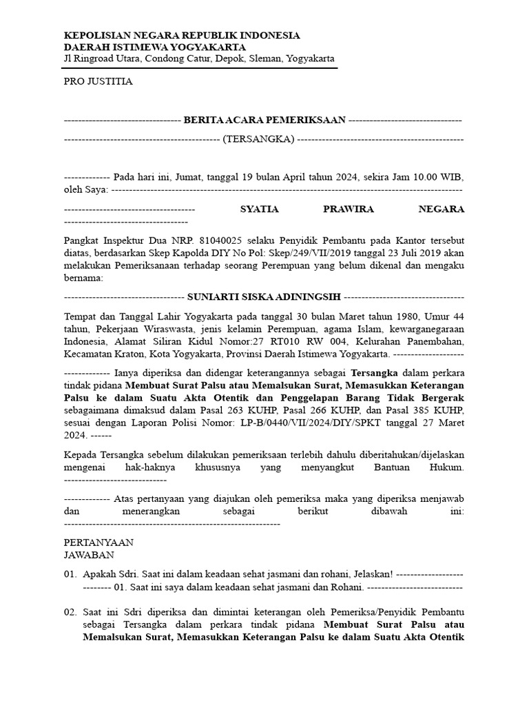 Tugas Sidang Semu Pidana-BAP Tersangka | PDF | Pengelolaan Keuangan & Uang | Hukum