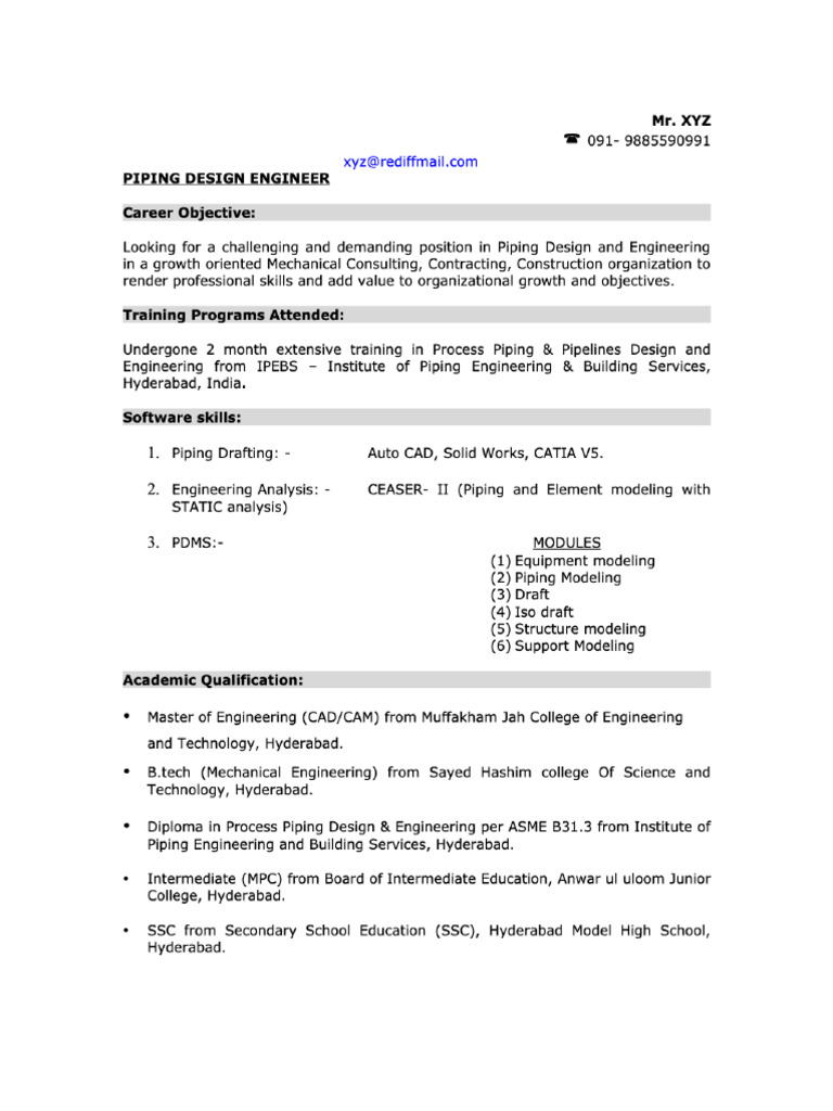 Sample Piping Design Engineer Resume - TOAZ - INFO | PDF
