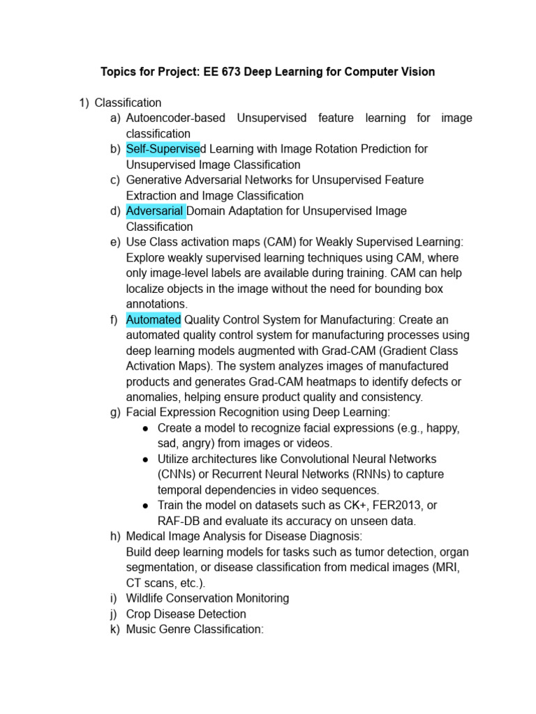 Topics for Project_ EE 673 Deep Learning for Computer Vision | PDF | Deep Learning | Computer Vision