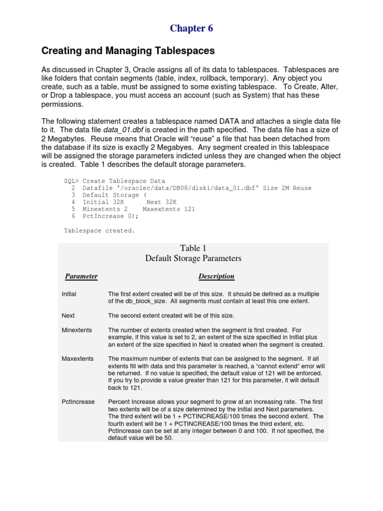 Table Spaces And Users Pdf Oracle Database Database Index