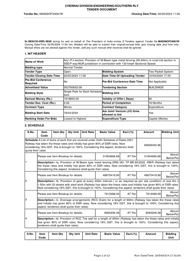 E-Tender for W-Beam Fencing Project | PDF | Concrete | Cement