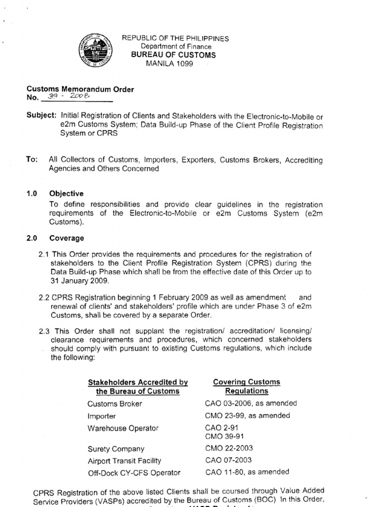 Cmo 39-2008 Cprs For Exporters Re E2m Customs | PDF | Foreign Language ...