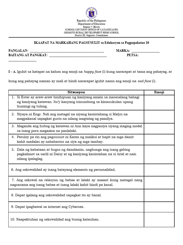 Ikaapat Na Markahang Pagsusulit Sa ESP 10 | PDF