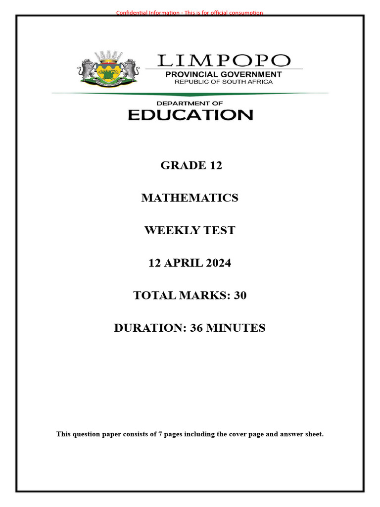 Math GR 12 Weekly Test 12 April 2024 | PDF | Mathematics