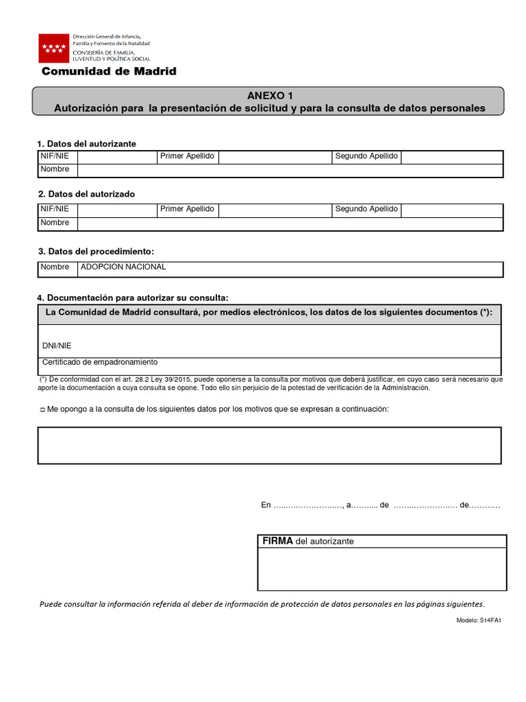 Anexo 1 Autorización para La Presentación de Solicitud y para La Consulta de Datos Personales ...