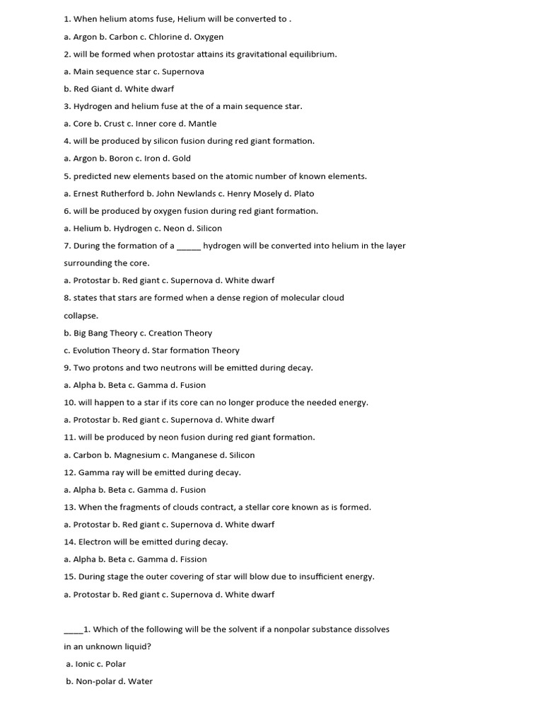 Science Quiz for Students | PDF | Chemical Polarity | Stars