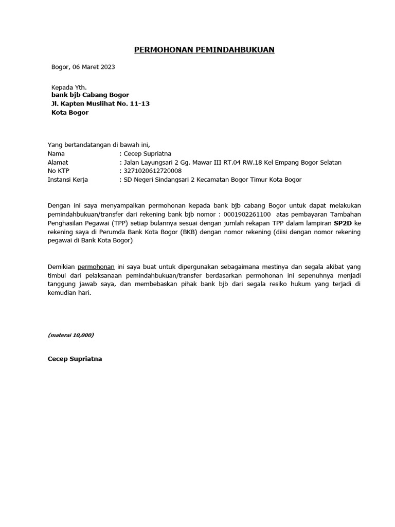 Format Surat Kuasa Pemindahbukuan Dari BJB Ke BKB | PDF