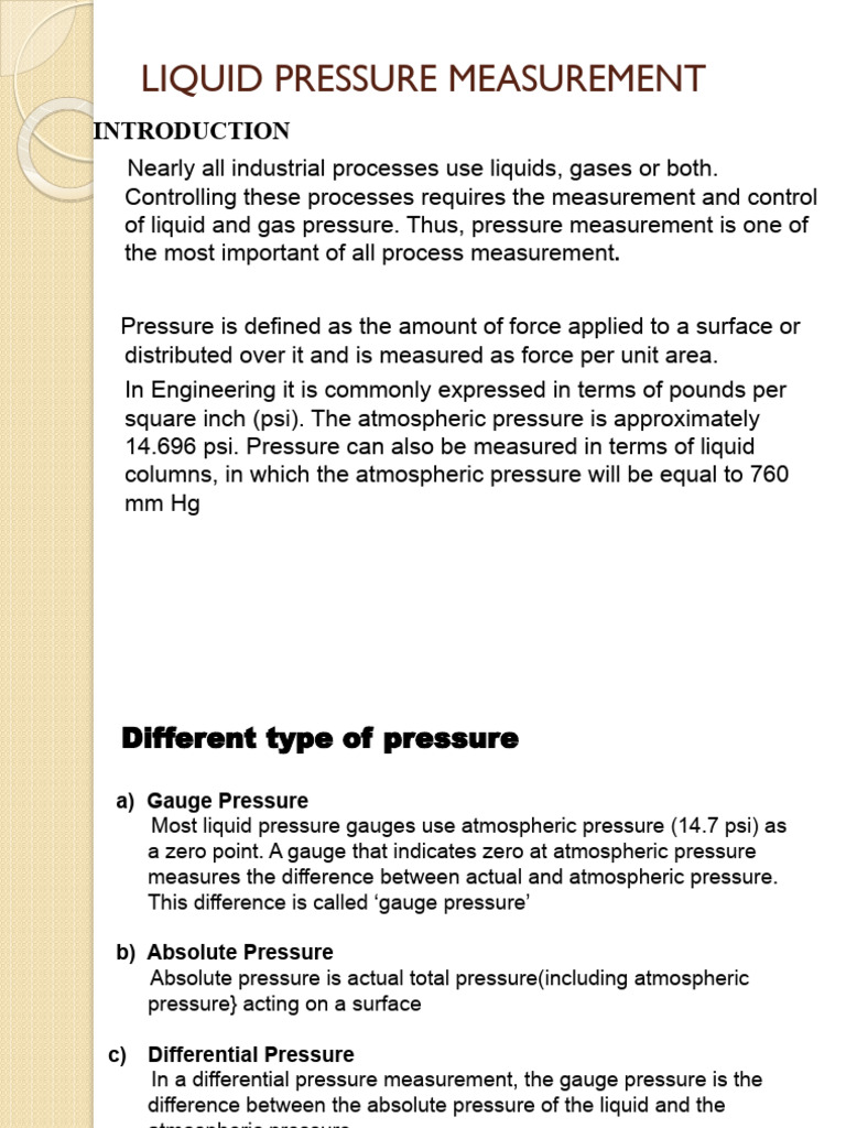 Liquid Pressure Measurement | PDF | Pressure Measurement | Pressure