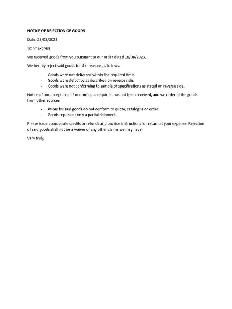Notice of Rejection of Goods Group 4 | PDF