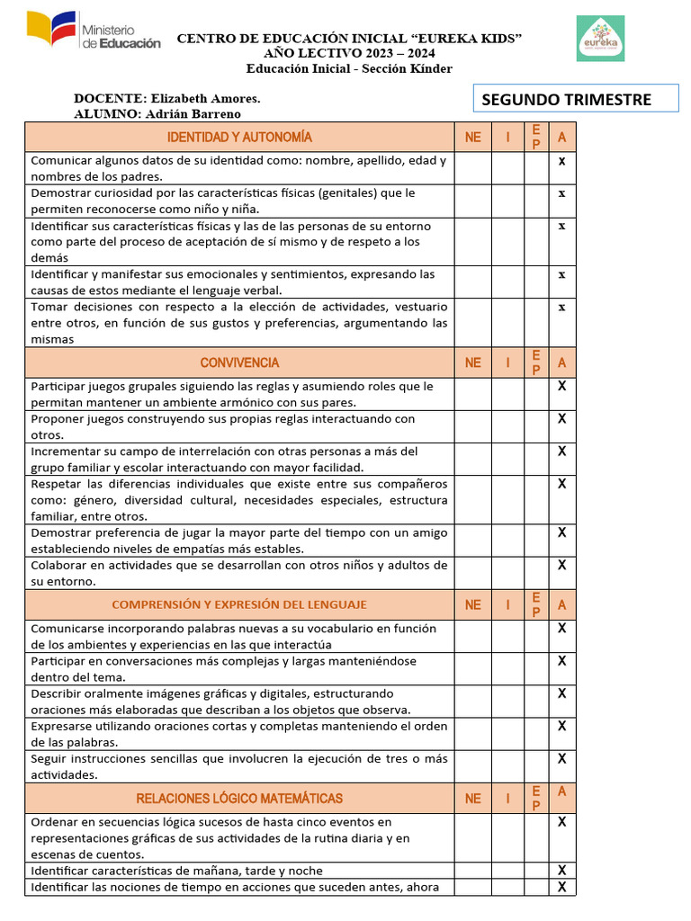 Evaluación Kínder 2023-2024 en Eureka Kids | PDF | Educación de la ...