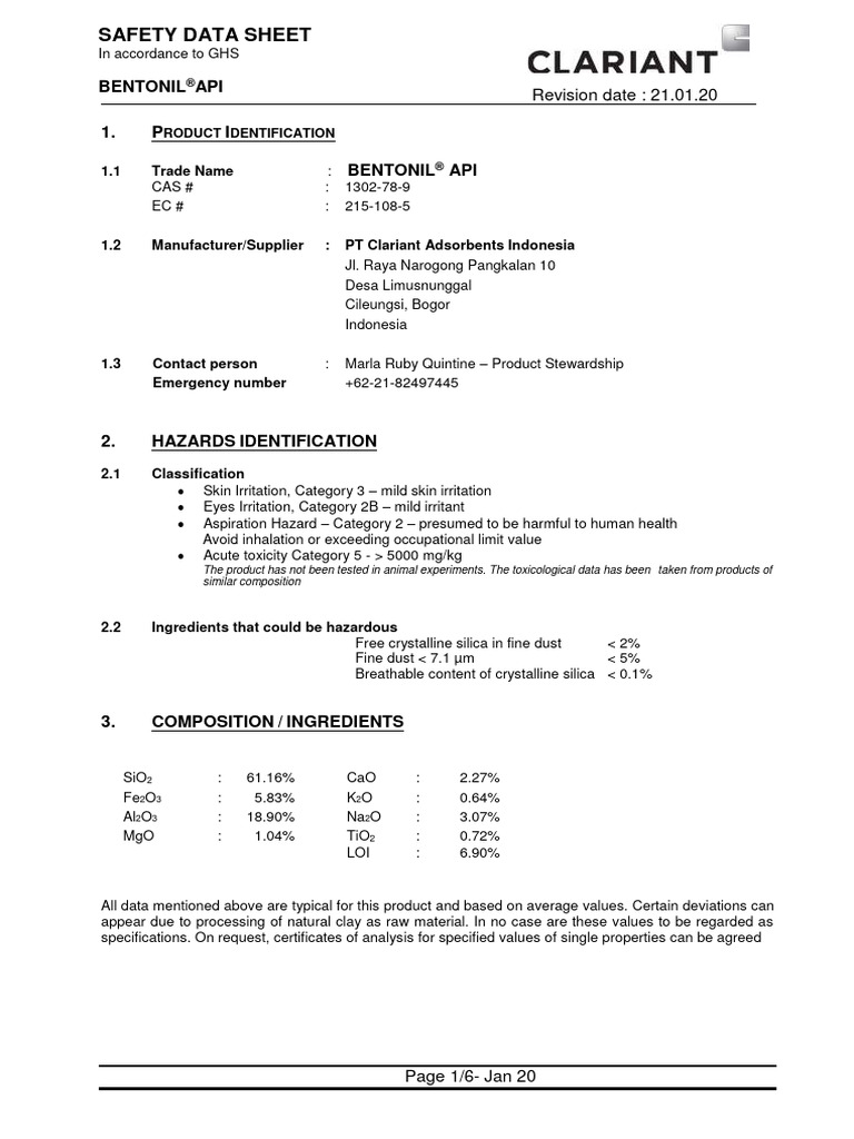 MSDS Bentonil API (BENTONITE) - PT CLARIANT | PDF | Toxicity ...