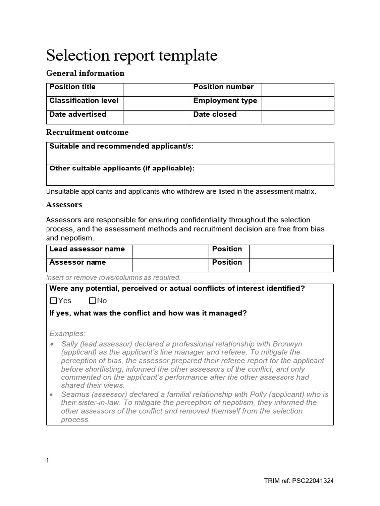 Selection Report Template | PDF | Recruitment | Job Interview