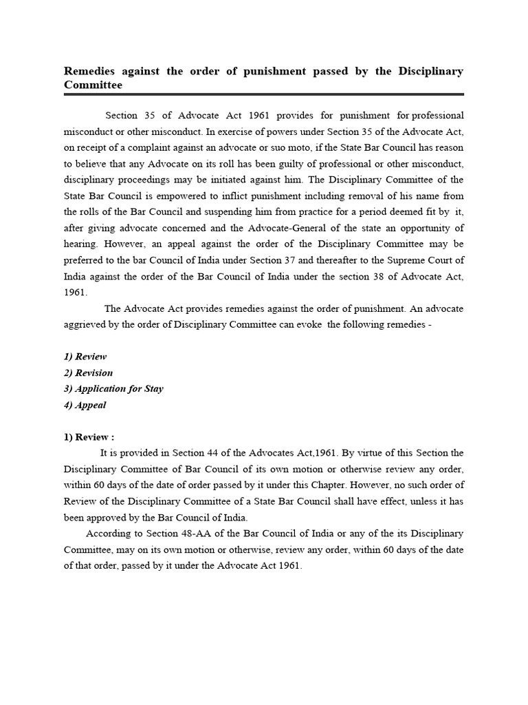 Remedies Against The Order of Punishment Passed by The Disciplinary Committee | PDF | Supreme ...