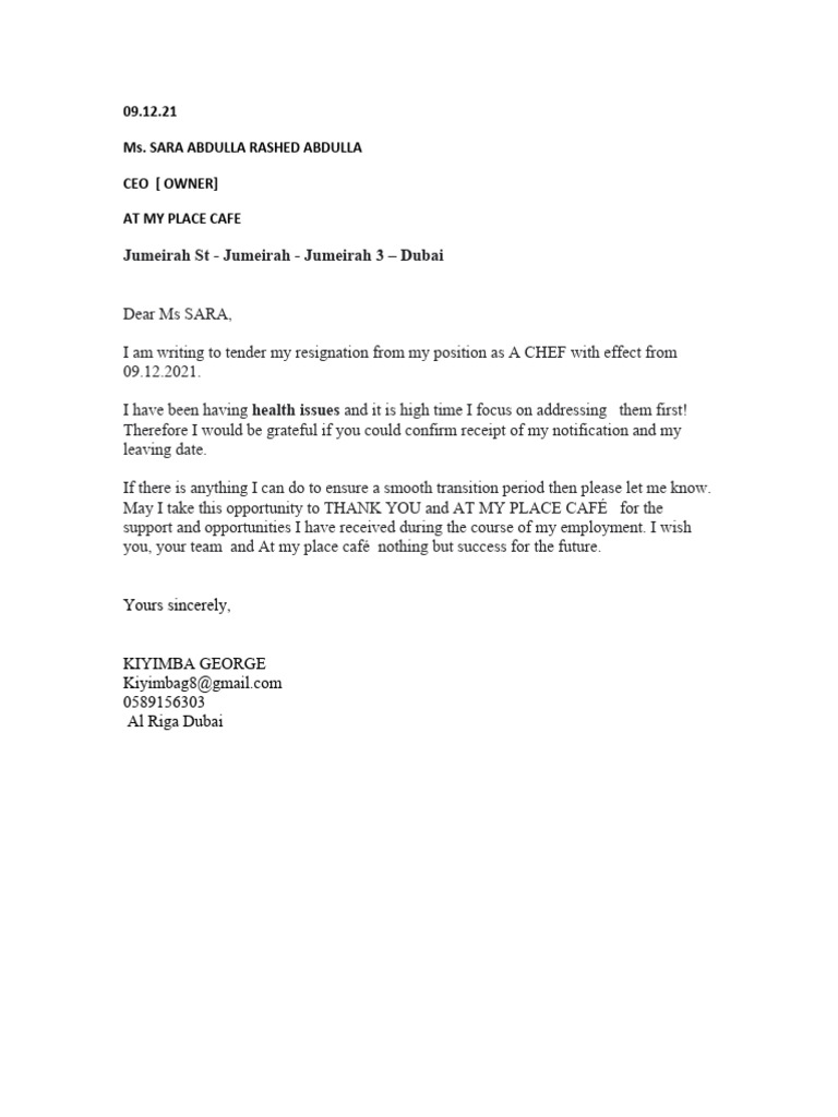 Chef Resignation Letter to Cafe CEO | PDF
