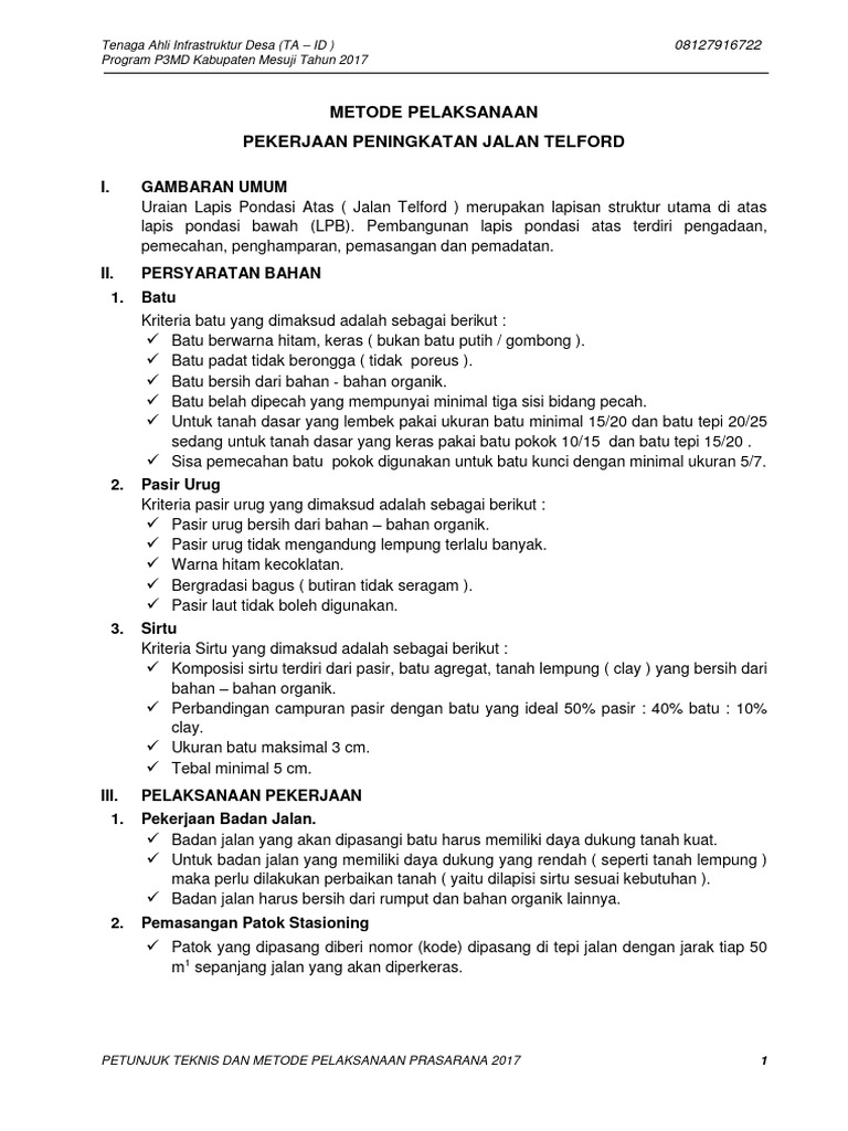 Metode Pekerjaan Jalan Telford 2017 | PDF