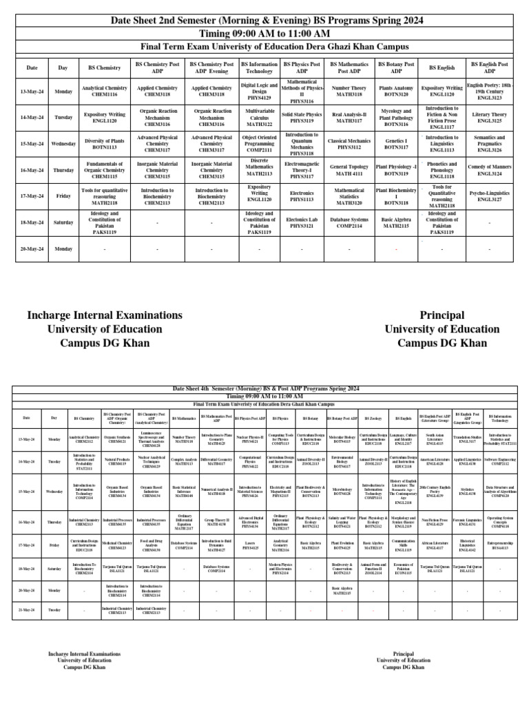 Final Date Sheet Spring 2024 | PDF | Analysis | Mathematics