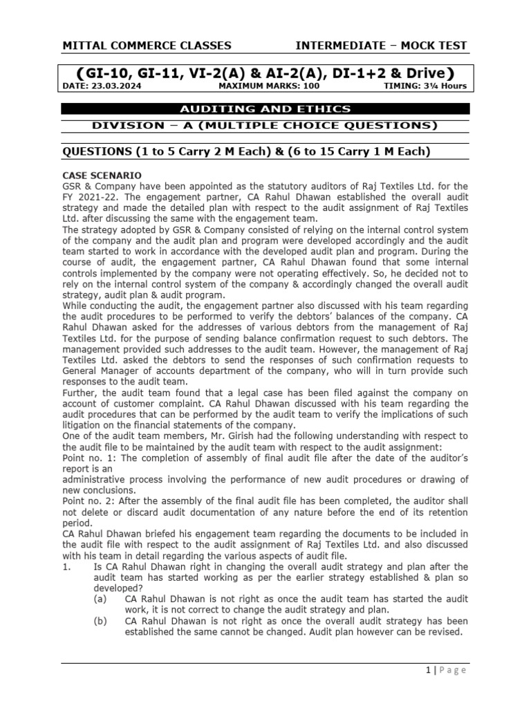 Audit M. Test Question EM 23.03.2024 | PDF | Audit | Financial Audit