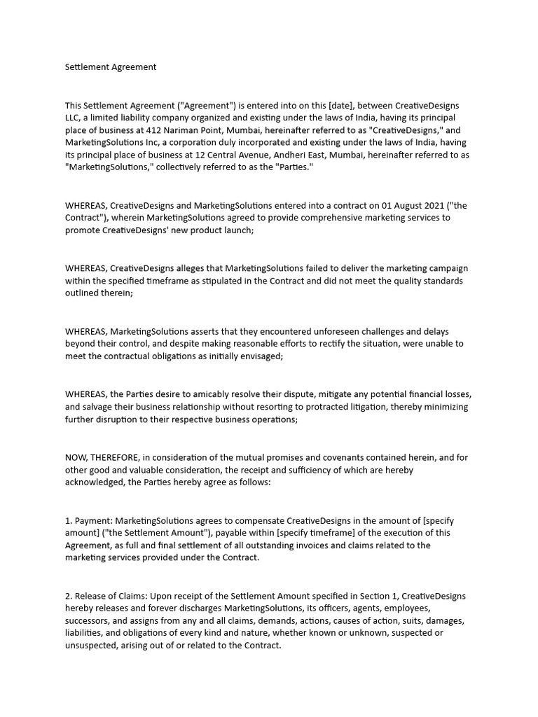 Settlement Agreement SSK | PDF | Common Law | Civil Law (Legal System)