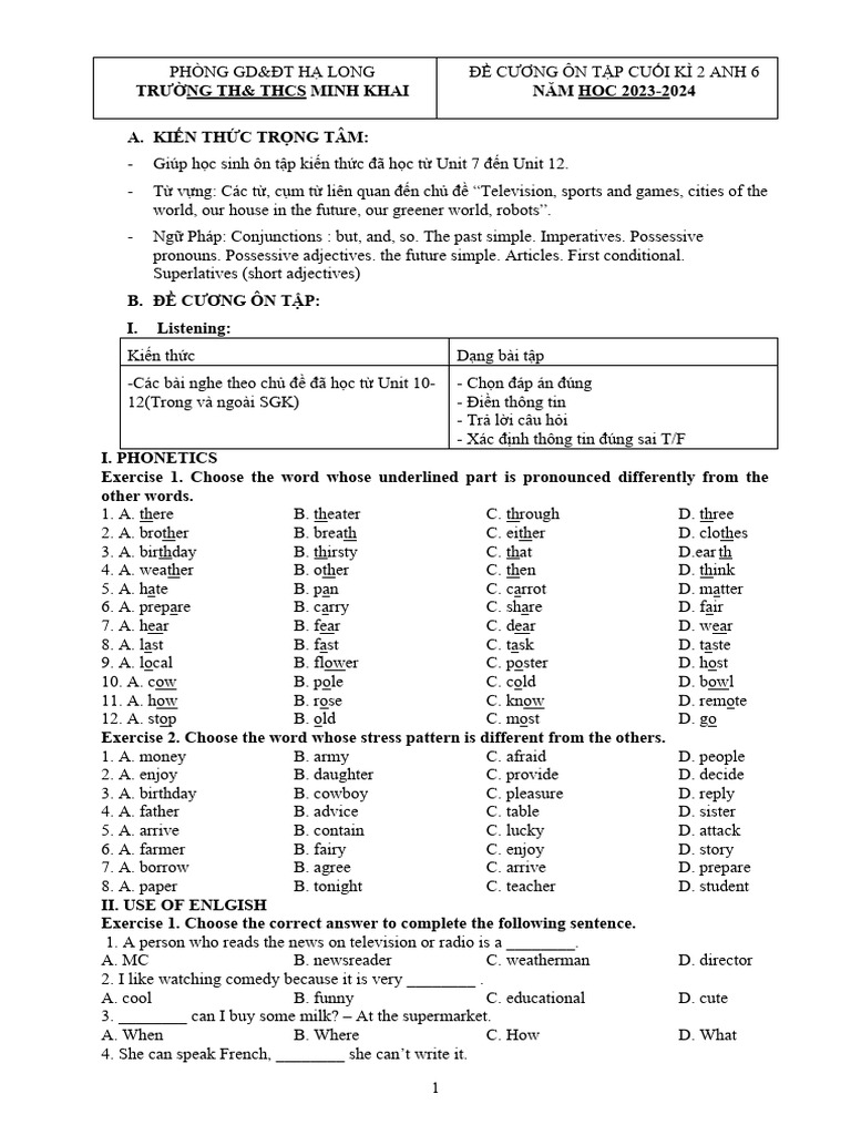 ĐỀ CƯƠNG CUỐI kì 2 2023-2024 - ANH 6 | PDF | Water