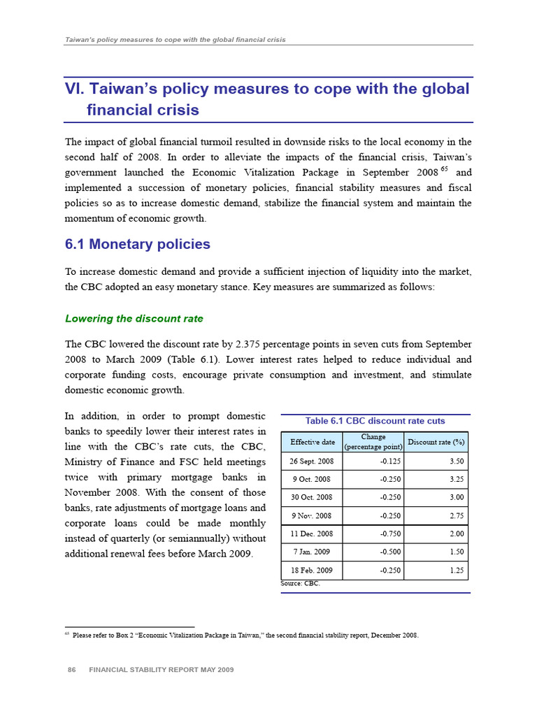 VI. Taiwan's Policy Measures To Cope With The Global Financial Crisis ...