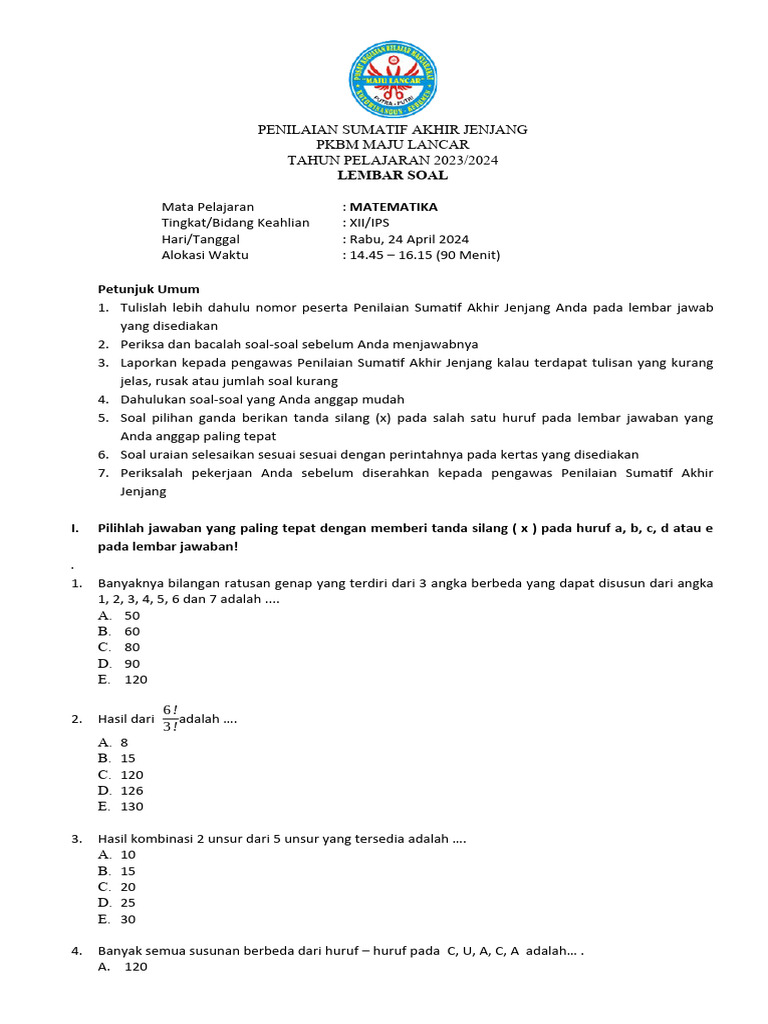 Soal Matematika Xii Psaj | PDF