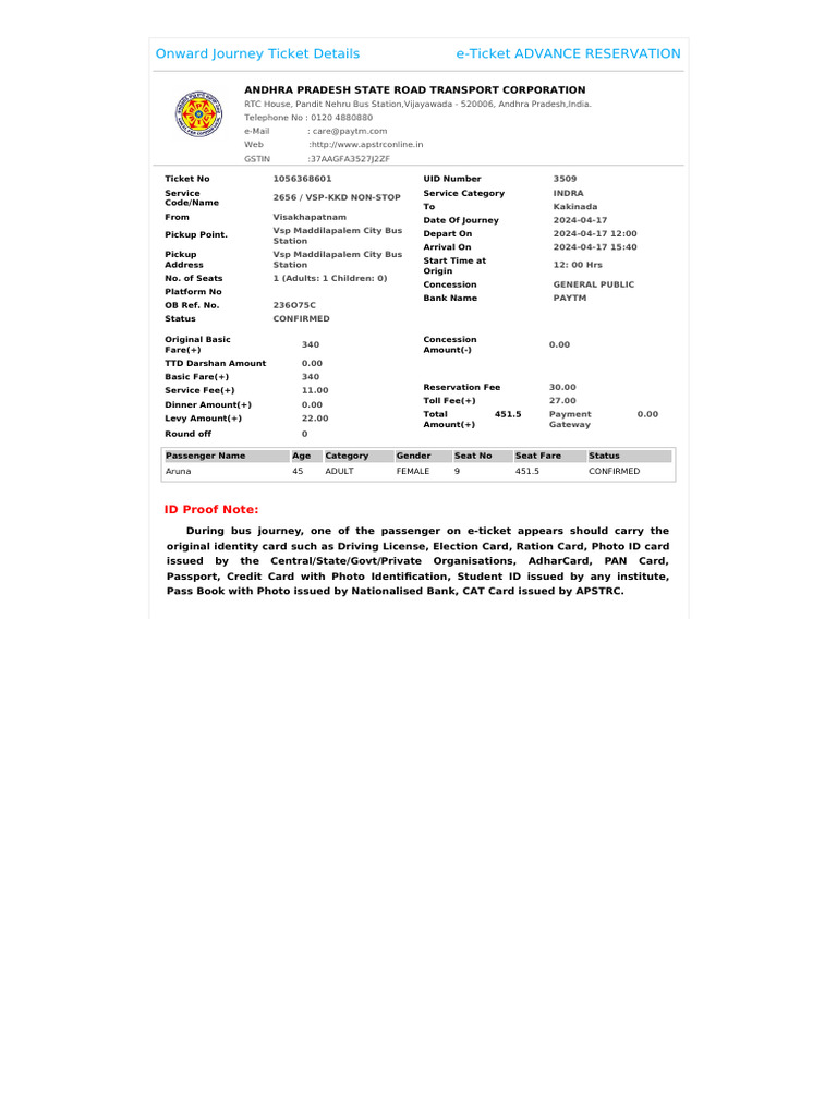 APSRTC Online Booking Confirmation | PDF | Ticket (Admission) | Fare