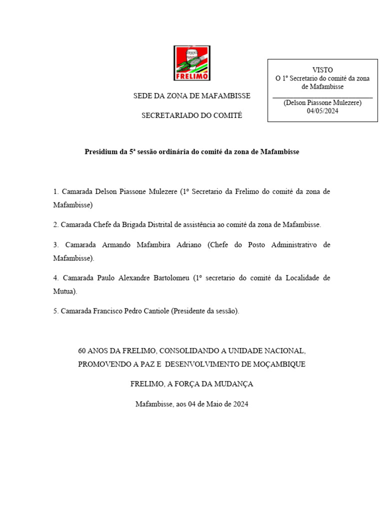 5ª Sessão Ordinária em Mafambisse | PDF | Moçambique