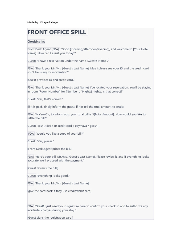 Front Office Spill | PDF