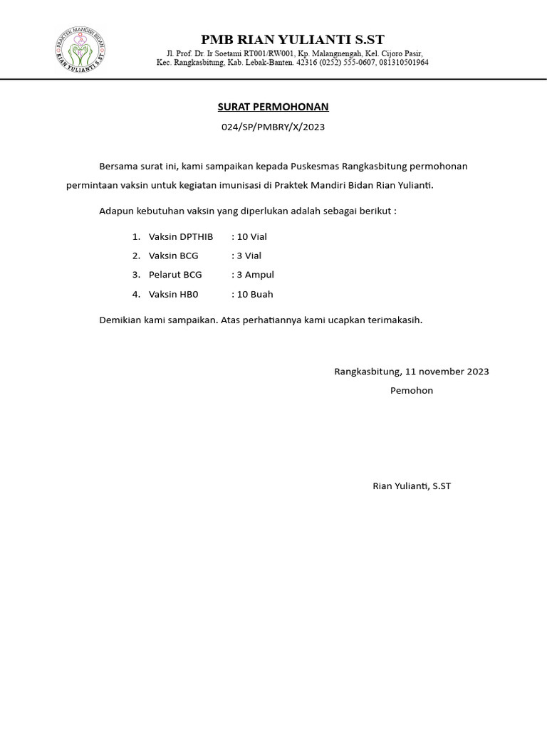 Surat Permohonan Permintaan Vaksin Pdf