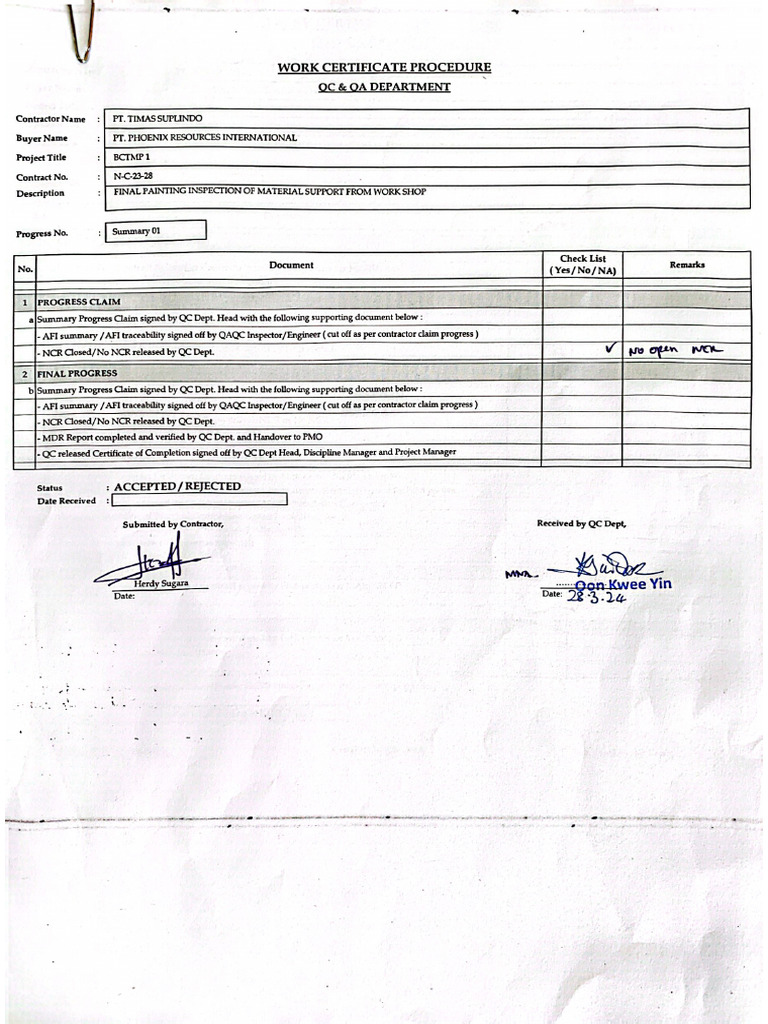 Check List QC & QS Final Painting Inspection of Material Support | PDF