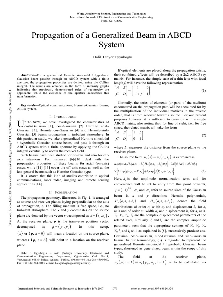 Propagation of A Generalized Beam in ABCD System: Halil Tanyer Eyyubo ÷lu | PDF | Mathematics