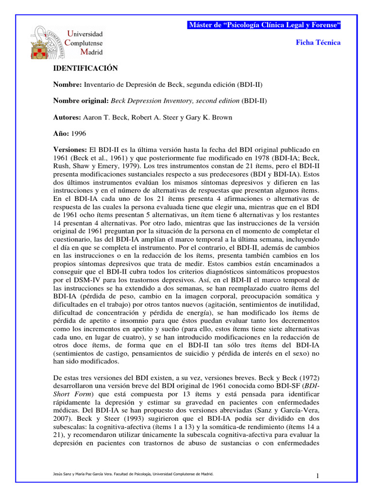 Ficha Técnica Del BDI-II | PDF | Depresión (estado de ánimo) | Ansiedad