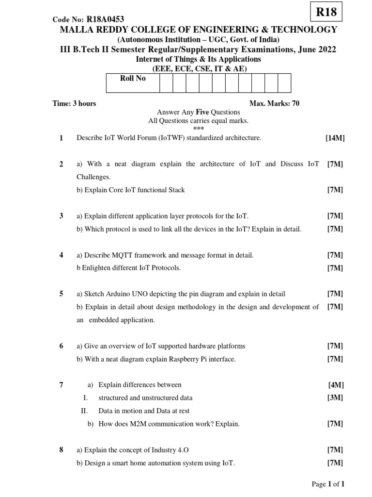IOT Previous Question Paper | PDF | Internet Of Things | Home Automation