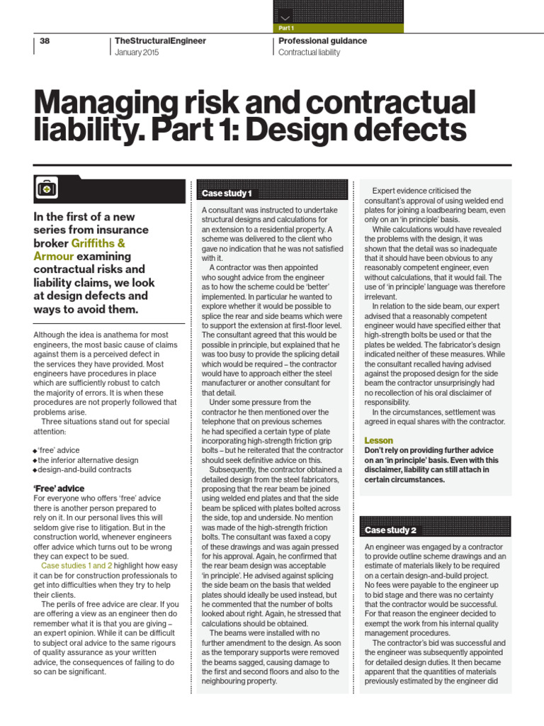 Managing Risk and Contractual Liability. Part 1 Design Defects ...