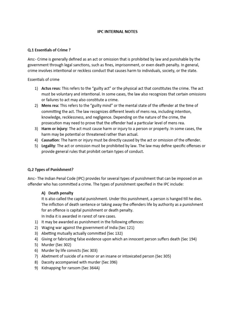 Ipc Notes Internals | Download Free PDF | Mens Rea | Crimes