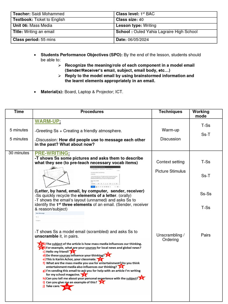 Lesson Plan Writing an Email | PDF | Cognitive Science | Learning